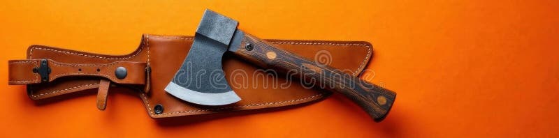 Sharp Axe in Handcrafted Leather Sheath Against Bright Orange , Axe ...