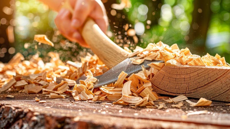 Sharp Axe Splits Wood with Flying Chips, Outdoor Wood Chopping ...
