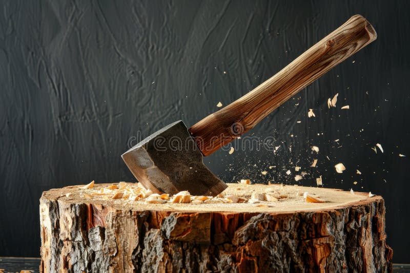 Sharp Axe with Wooden Handle Embedded in Log, Wood Chips Fly through ...