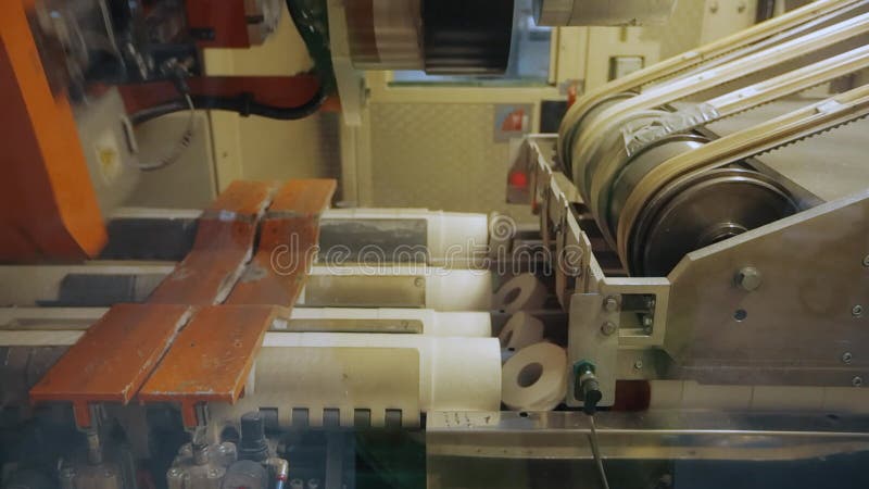 Sharp Blade Cuts Paper Rolls on Conveyor Line at Paper Mill. Stock ...