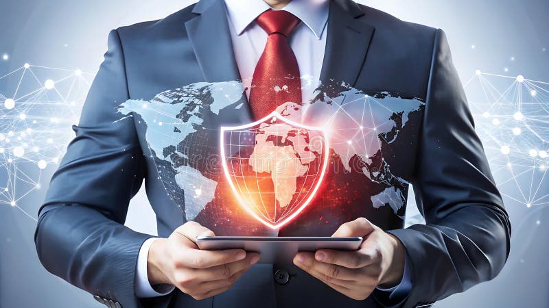 Businessman Holds Tablet with Global Security Shield Protecting the ...