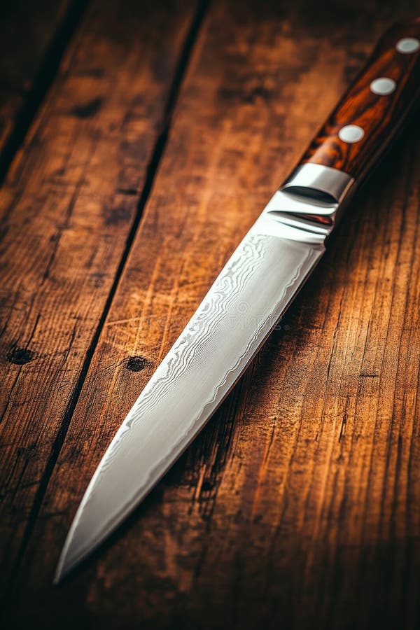 Sharp Chefs Knife with Wooden Handle on Rustic Butcher Block, Kitchen ...