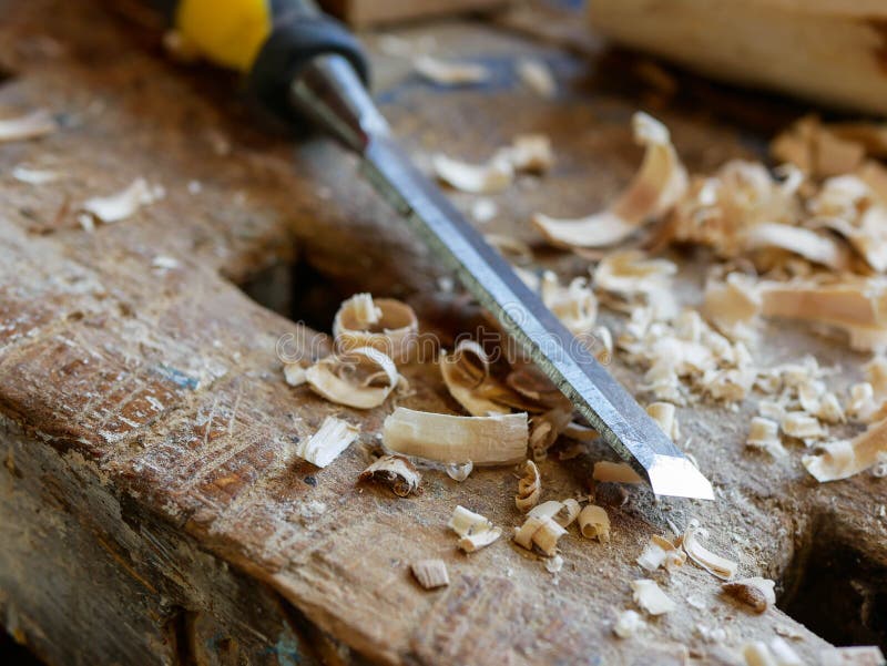 Sharp Chisel, Wood Chips on Old Oak Workbench, Shallow Depth of Field ...