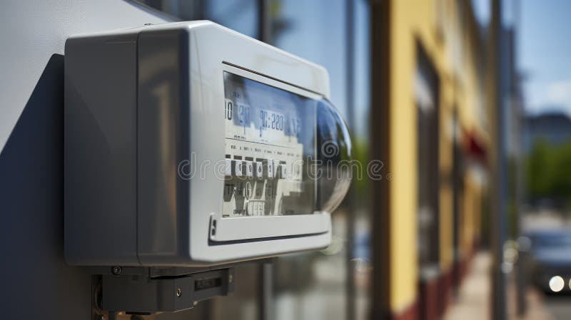 A Sharp Close-Up of an Electric Meter on Building Facade with Blurred ...