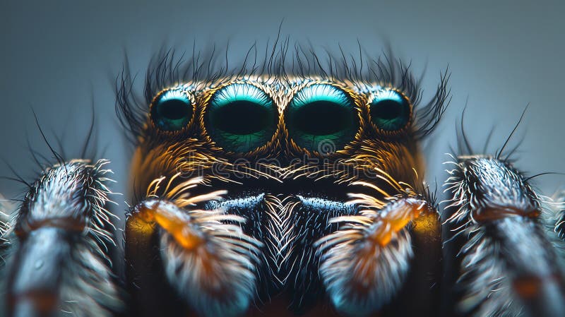 Sharp Close-up of a Jumping Spiderâ€™s Face, Focusing on Its Iridescent ...