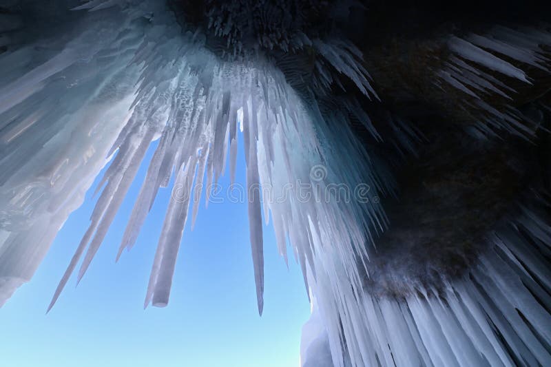 Ice Cave with Crystal Blue Icicles at Lake Baikal Stock Photo - Image ...