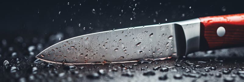Sharp Culinary Knife Glimmers Under Droplets in a Dramatic Kitchen ...