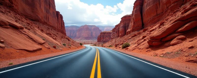 Sharp Curve of Empty Blacktop Road Against Dramatic Red Rock Cliffs ...