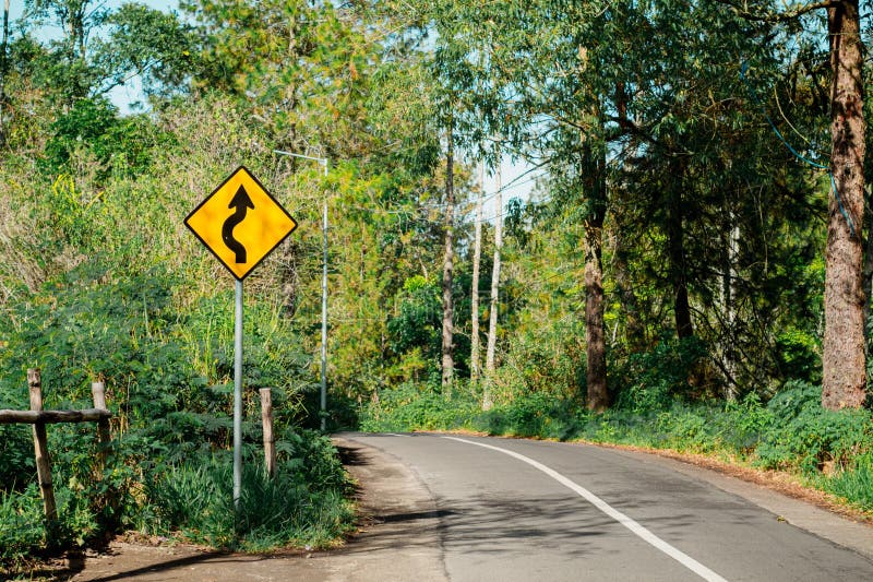 Sharp Curve Yellow Sign on Mountain Route Stock Photo - Image of ...