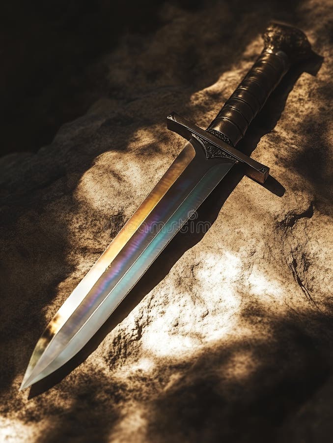 A Dagger with a Dark Handle and a Shiny Blade Resting on a Rough ...