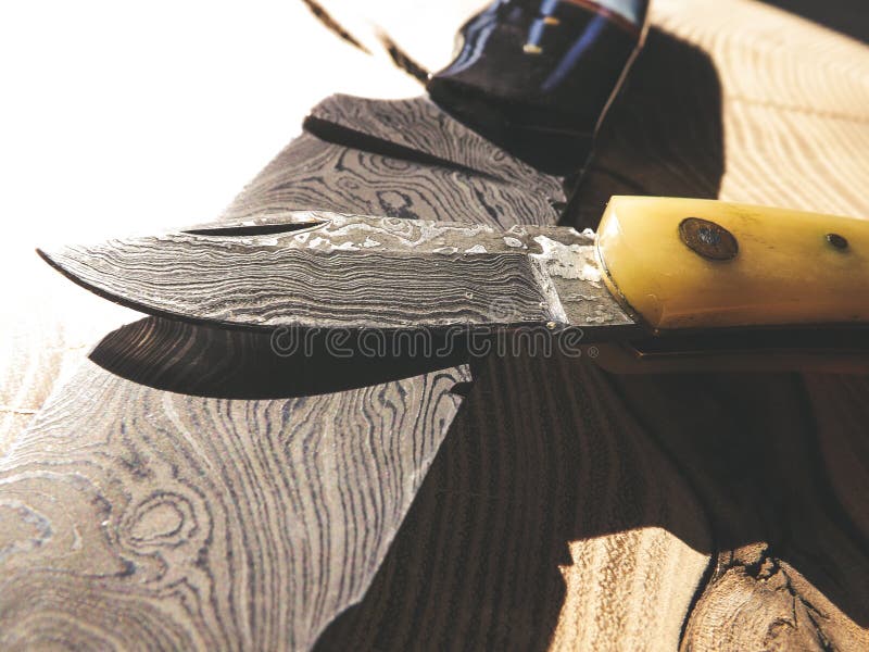 Sharp Damascus Steel Knives on Wooden Background Editorial Photo ...