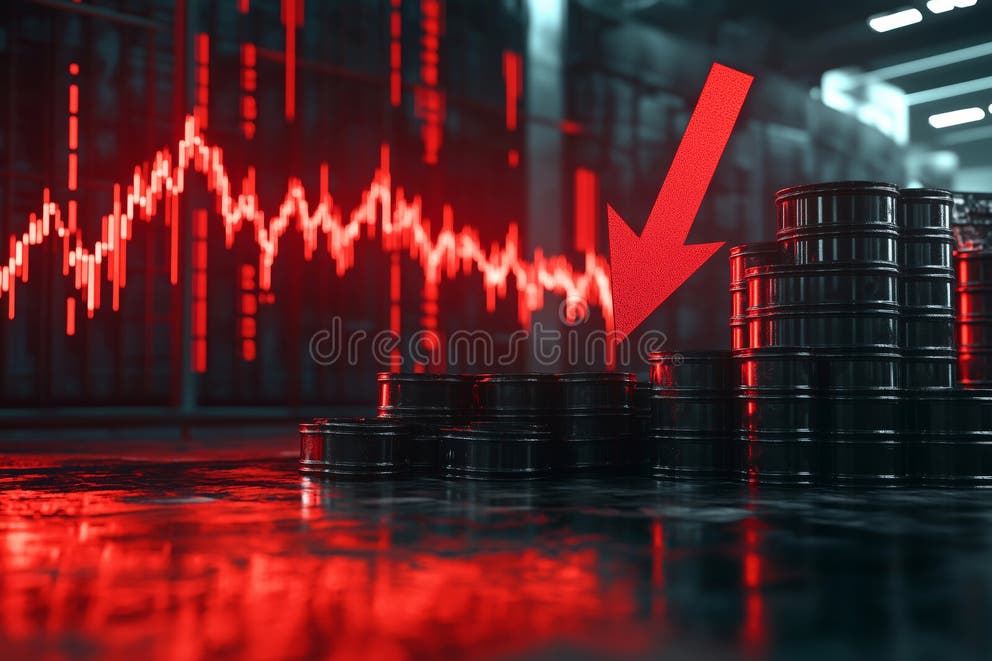 Sharp Decline in Market Trends Depicted through Falling Oil Barrels and ...