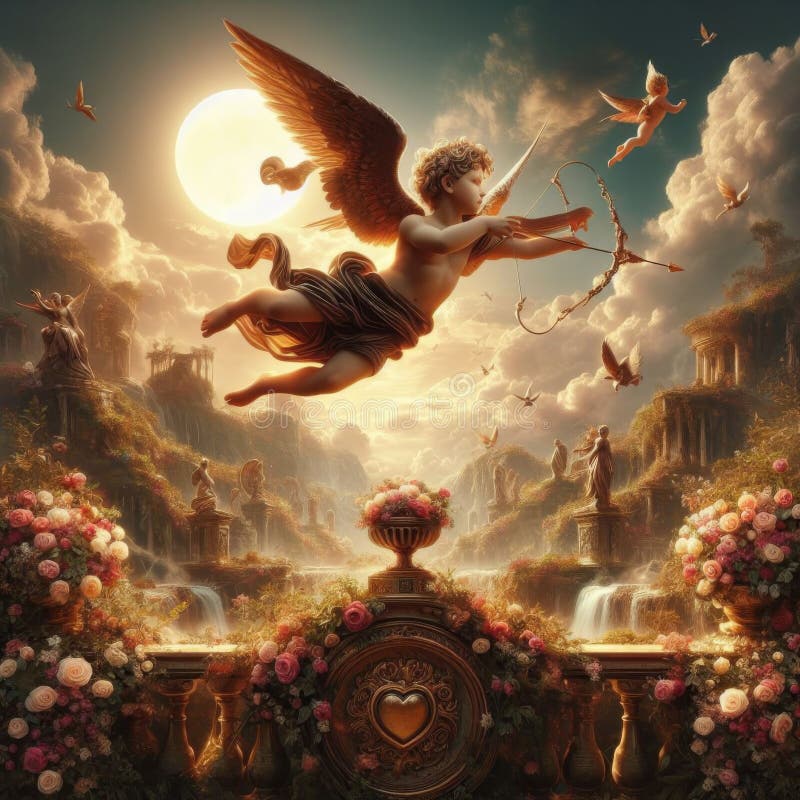 A Sharp, Detailed Image of Cupid, the God of Love, Flying Above a ...