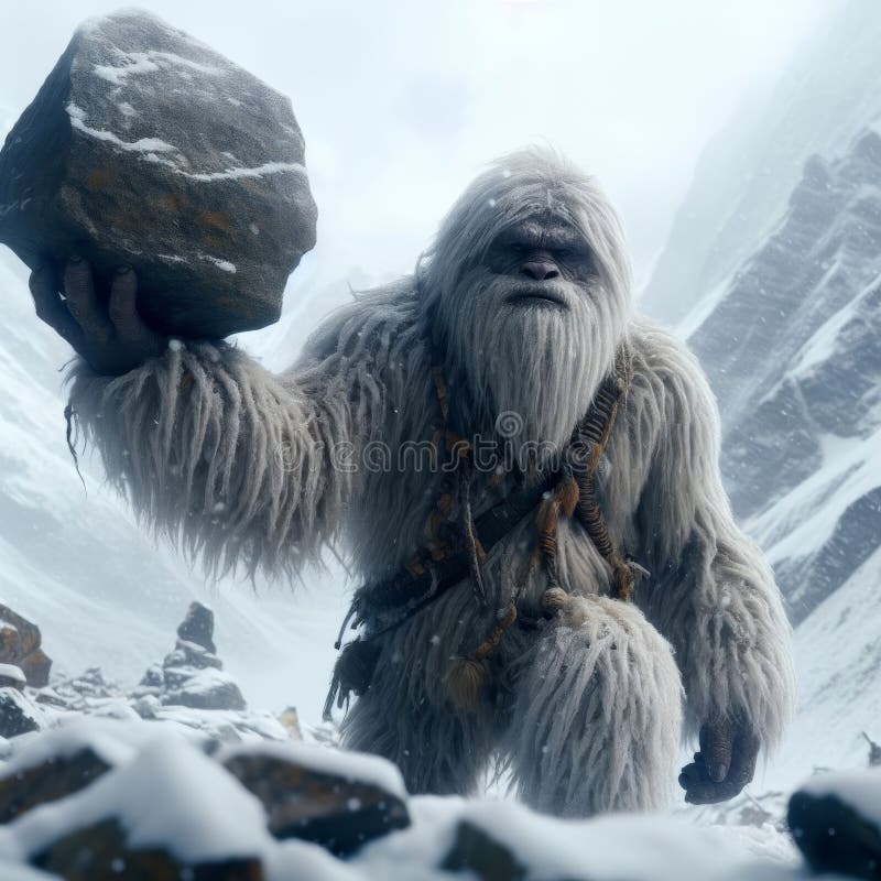 A Sharp, Detailed Image of a Yeti Holding a Large Rock, in a Snowy ...
