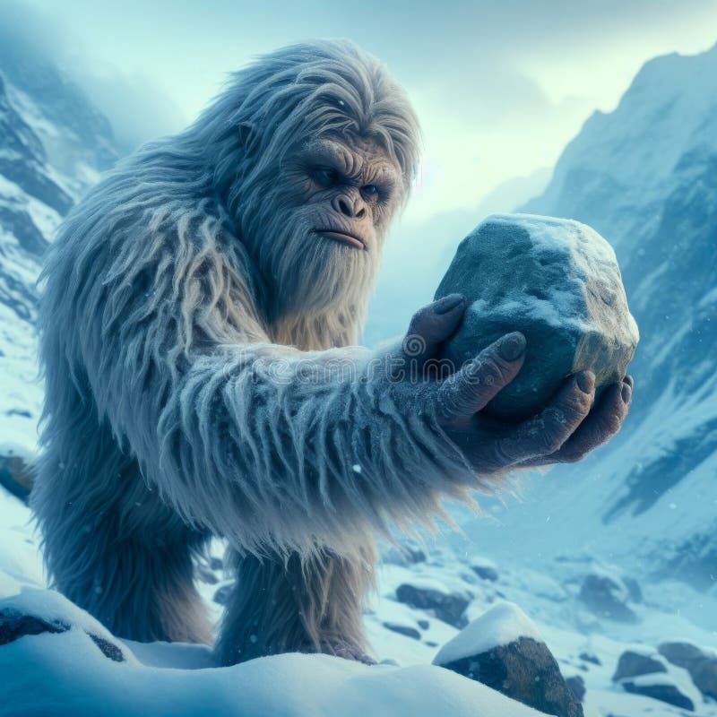 A Sharp, Detailed Image of a Yeti Holding a Large Rock, in a Snowy ...