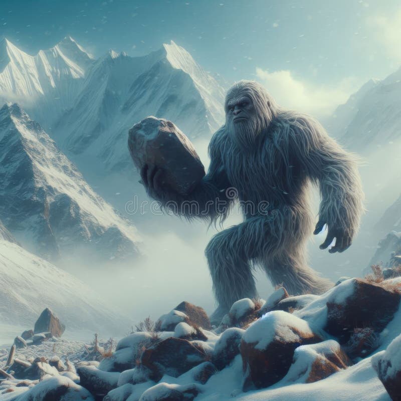 A Sharp, Detailed Image of a Yeti Holding a Large Rock, in a Snowy ...
