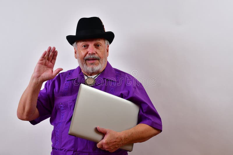 Proud Old Man Coming To Work with His Laptop Computer and Waving. Stock ...