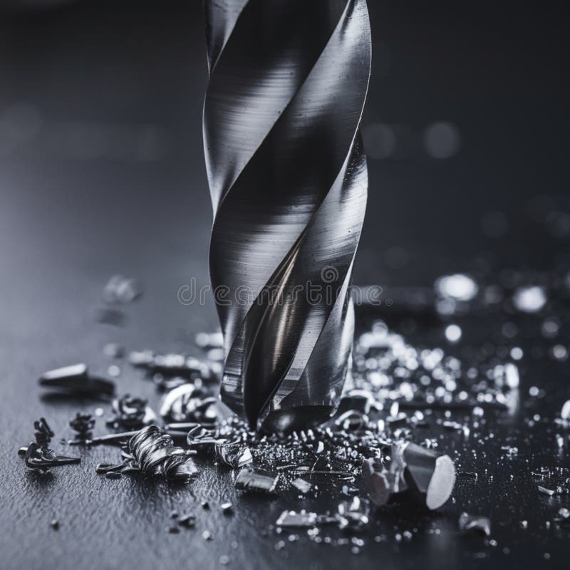 Sharp Drill Bit on Dark Surface with Scattered Shavings, Indicating ...