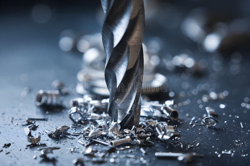 Sharp Drill Bit on Dark Surface with Scattered Shavings, Indicating ...
