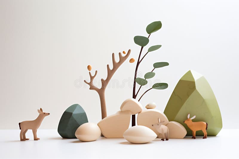 Sharp Edged Carved Shapes. Tree Trunks and Trees with Green and Light ...