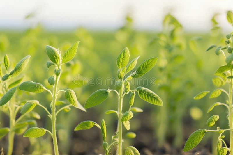 Sharp Focus on a Crop of Young Soybean Plants Blooming in a Field Stock ...
