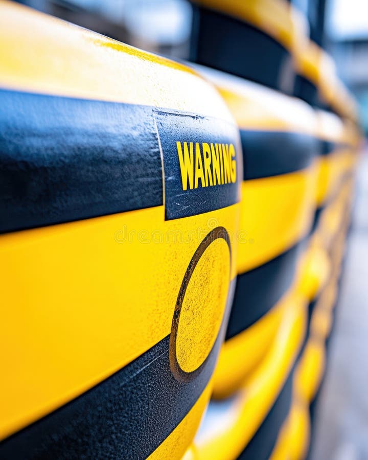 Close View of a Black and Yellow Striped Barrier with a Warning Sign ...