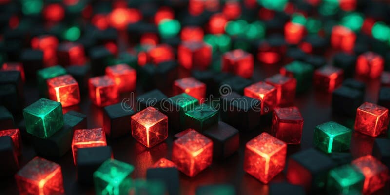 A Sharp Geometric Pattern of Neon Cubes Glowing in Bright Red and Green ...