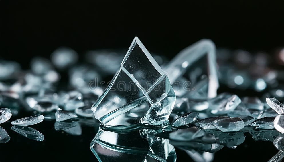 Sharp Glass Shards on Reflective Black Surface with Macro Focus Stock ...