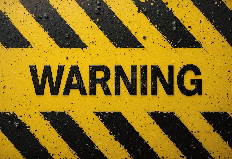 Close-up of a Bold Black Warning Sign on a Yellow and Black Striped ...