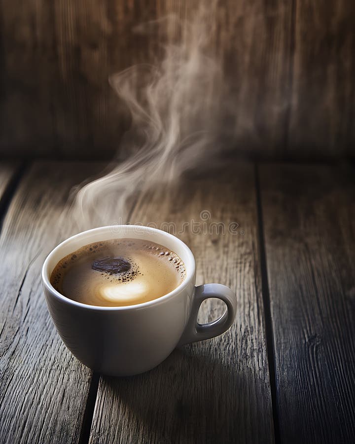 A Sharp, High-resolution Image of a Steaming Cup of Coffee on a Rustic ...
