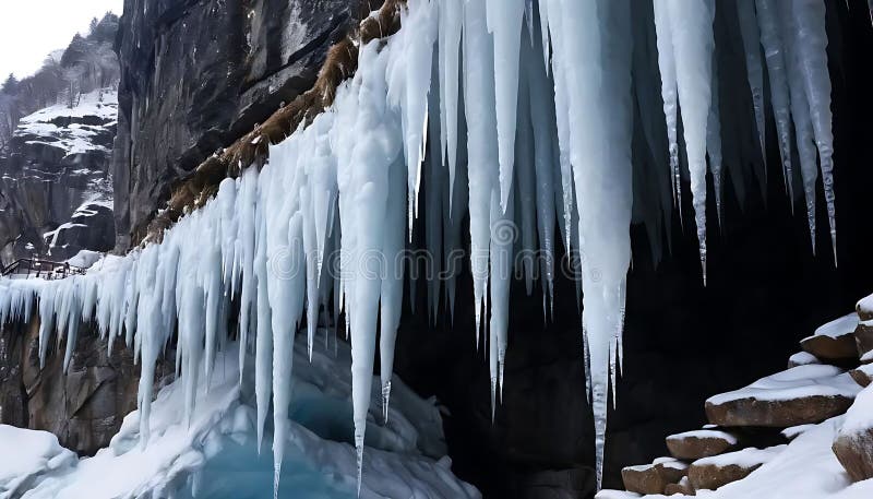 Sharp Icicles Hang from a Rocky Overhang, Creating a Dramatic Display ...
