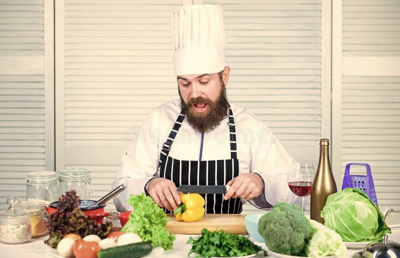 Sharp Knife Chopping Vegetable. According To Recipe. Prepare Ingredient ...