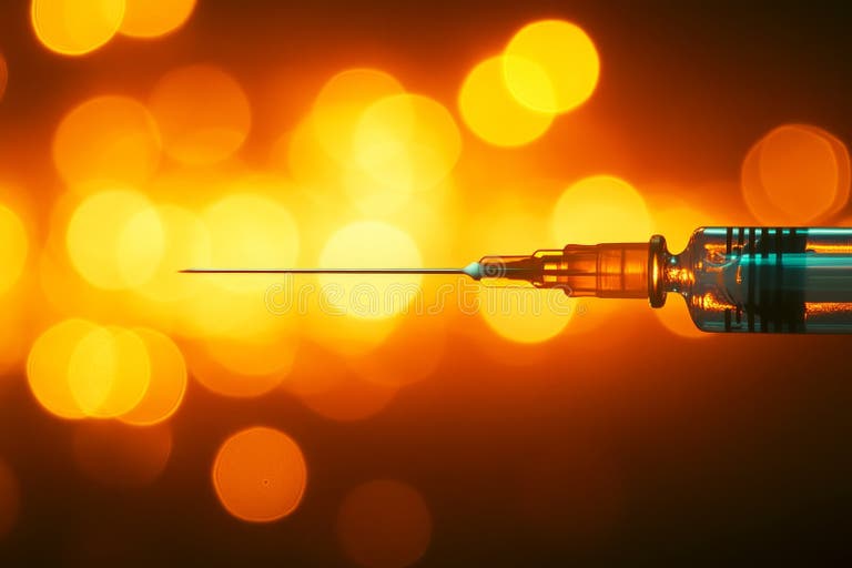 Sharp Needle Inserted into a Syringe, with Orange Bokeh Background in ...