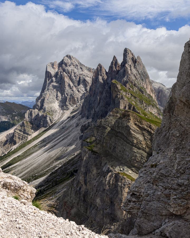 Sharp Peaks of Seceda Ridge in the Dolomites, Italy, Framed by Steep ...