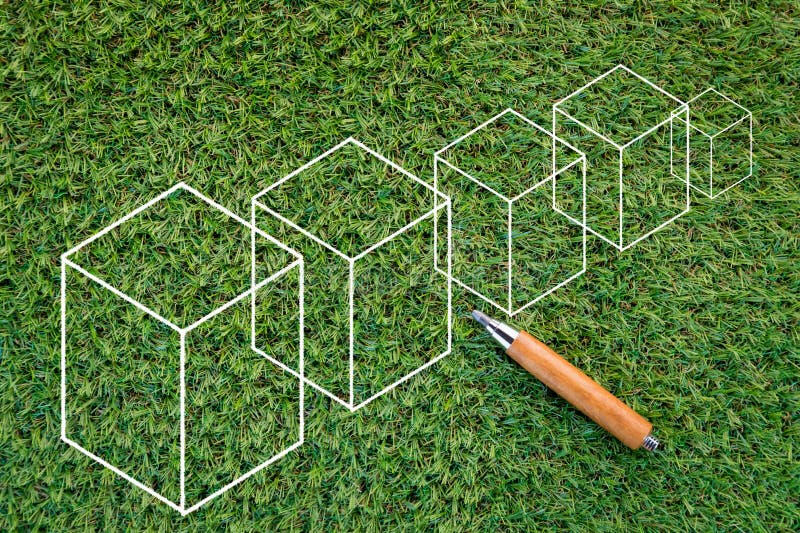 Sharp Pencil and Cube Drawing on Green Grass Texture Stock Image ...