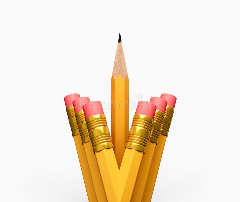 A Sharp Pencil among Pencil Erasers. One Sharpened Pencil Standing Out ...