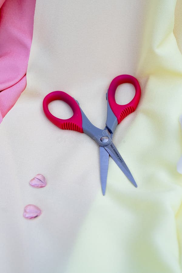 Sharp Red Scissors and Pink Yellow Fabric, Pink Textile Stock Image - Image of money, woof ...