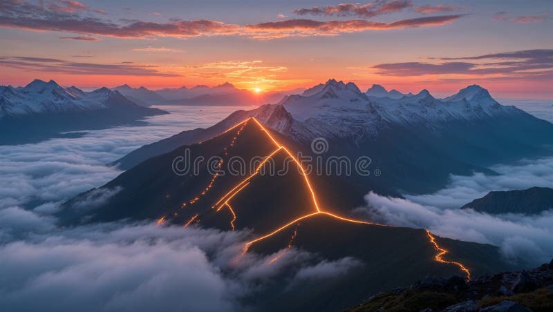 Sharp Ridgeline Glowing Above Cloud-filled Basin As Sun Rises Behind ...