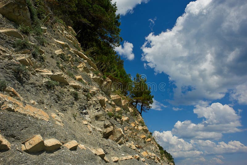 Sharp Rocks, they Grow Pine Trees, and Blue Sky. Stock Image - Image of ...