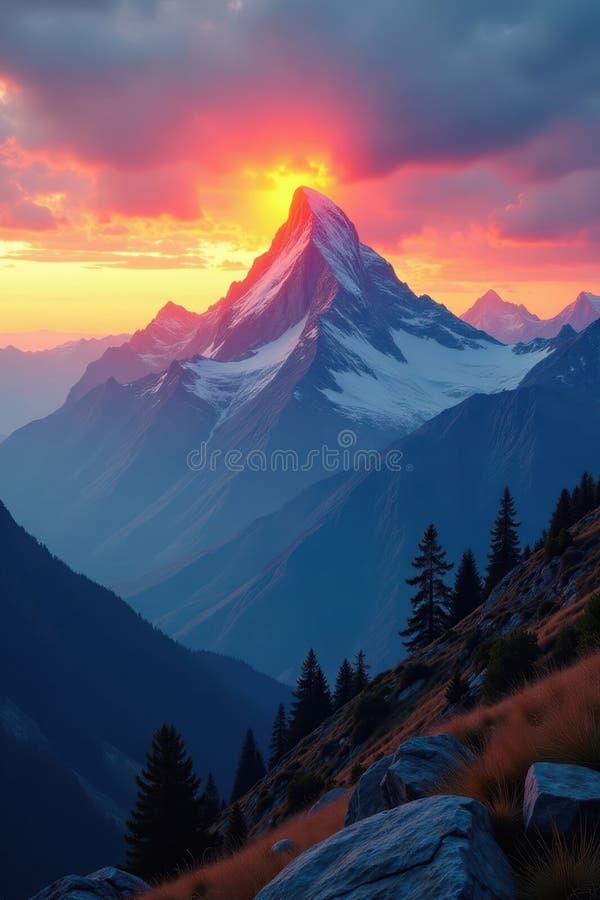 Sharp, Rocky Mountain Ridge, Vibrant Dawn Light Illuminating Clouds ...