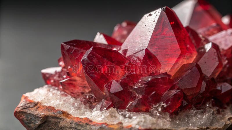 Stunning Close-up of Sharp Ruby Red Crystal Cluster on Dark Stone ...