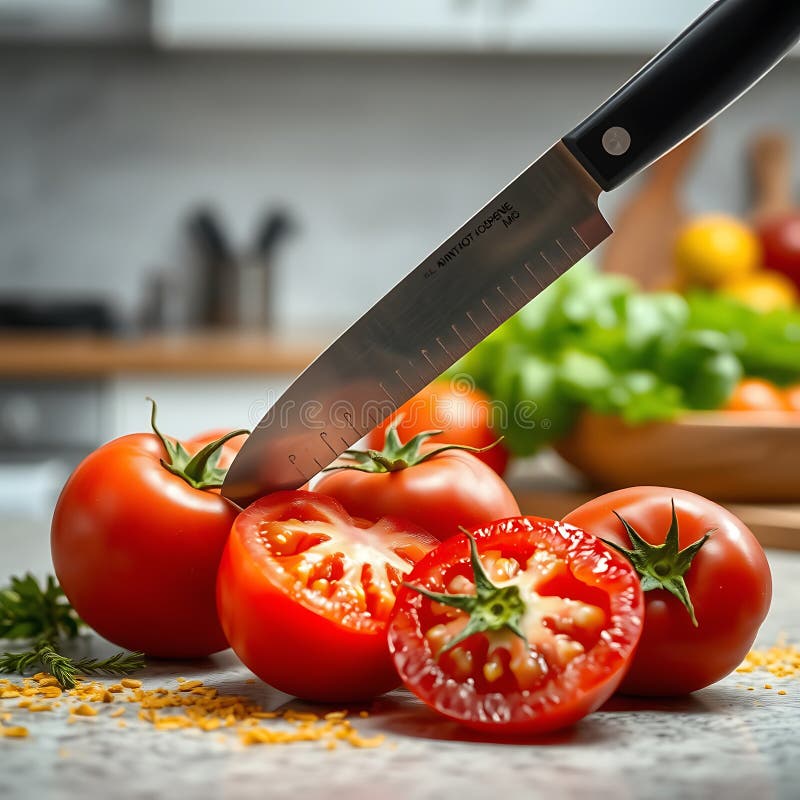 A Sharp Serrated Knife Cutting through Fresh Ripe Tomatoes on a Kitchen ...