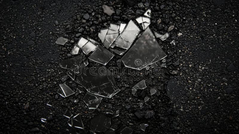 Sharp Shards of Broken Glass Scattered Across a Dark Asphalt Road ...