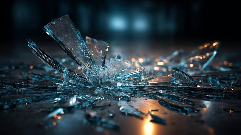 Shattered Glass Pieces Reflecting Light in Dim Surroundings after an ...