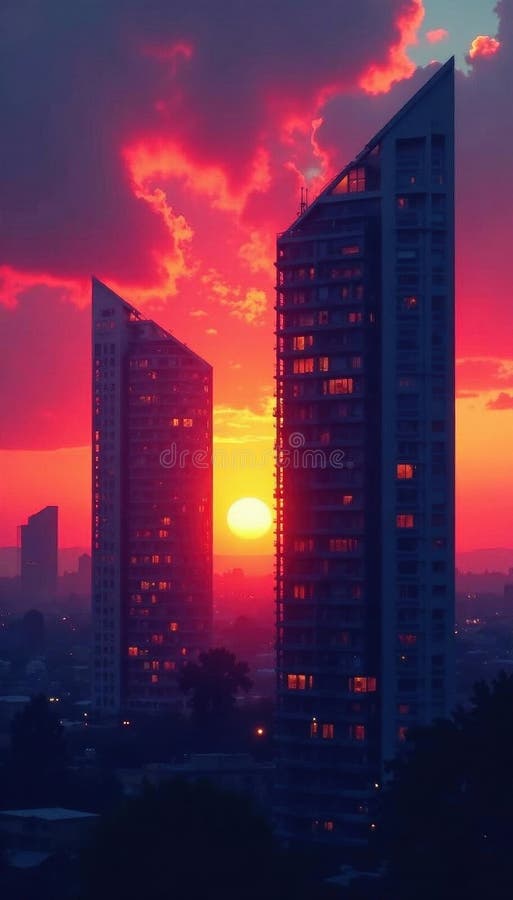 Sharp Silhouette of Angular Modern Buildings Against Vibrant Sunset ...