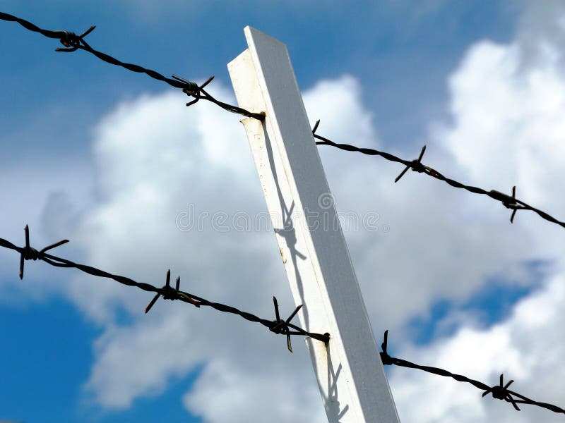 Sharp Steel Barbed Wire in Abstract View. Clear Blue Sky and White ...