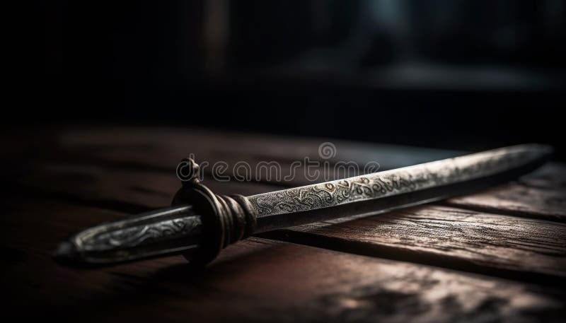 Sharp Steel Blade on Old Wooden Table Generated by AI Stock ...