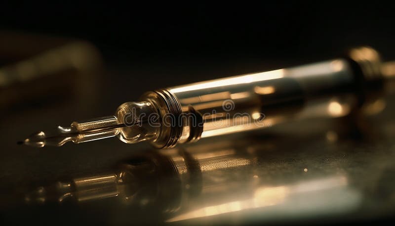 Sharp Syringe Injecting Medicine Drop into Shiny Metallic Vial ...