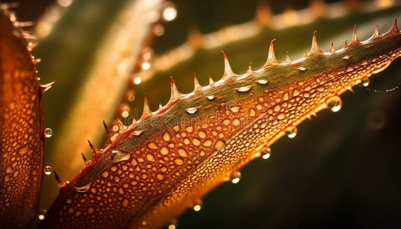 Sharp Thorn on Wet Leaf, Magnified Drop Reflects Beauty in Nature ...