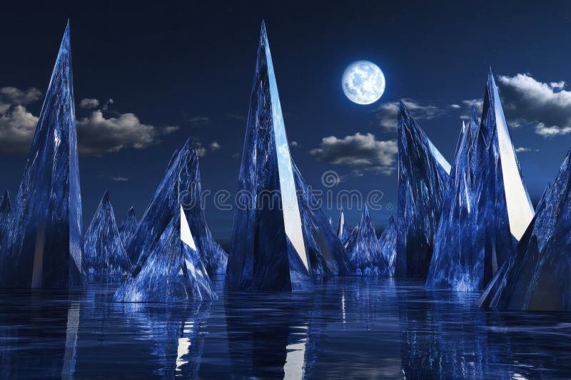 Ethereal Blue Landscape with Sharp Ice Formations Under a Full Moon at ...